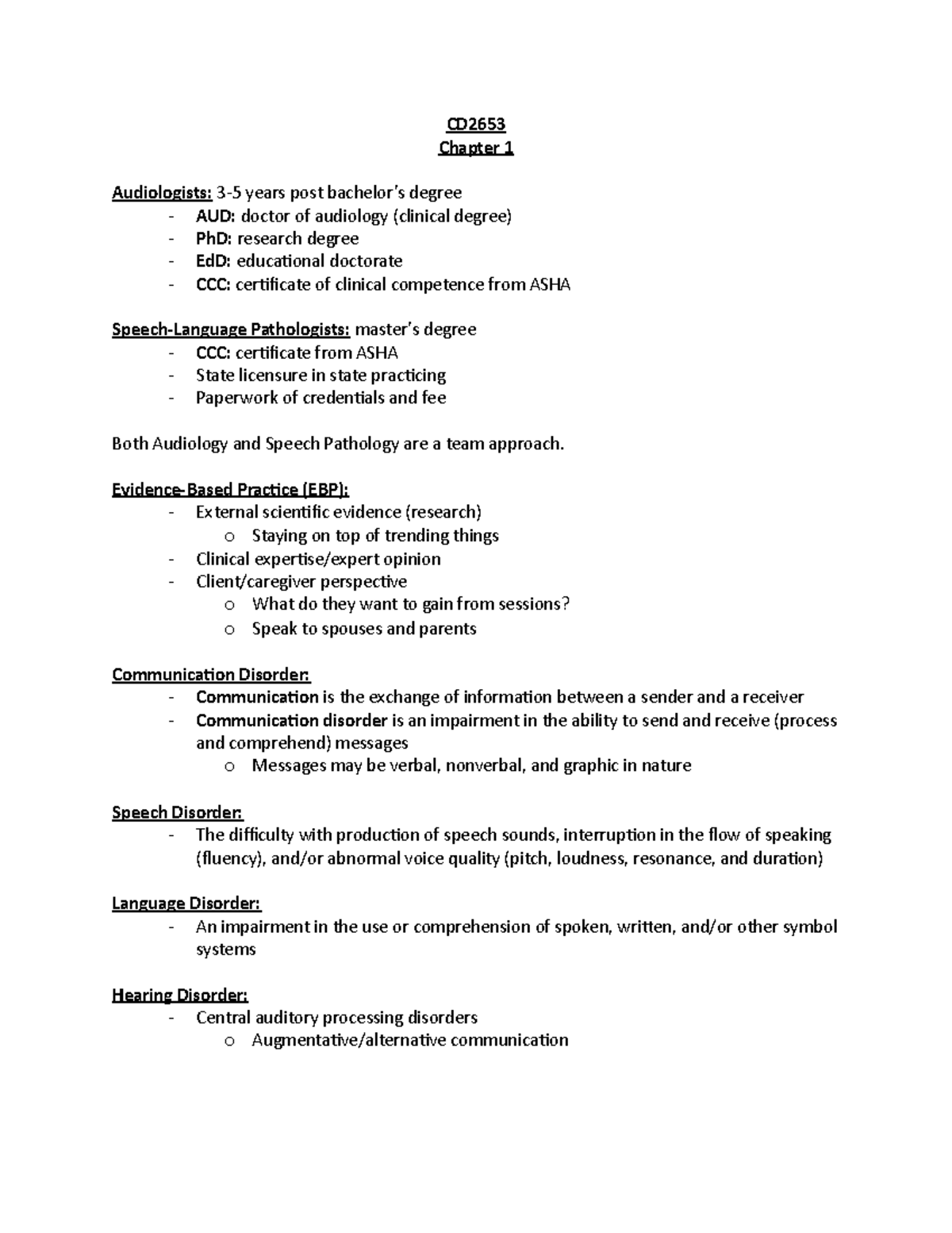 Intro Chapter 1 Notes CD Chapter 1 Audiologists 3 5 Years Post