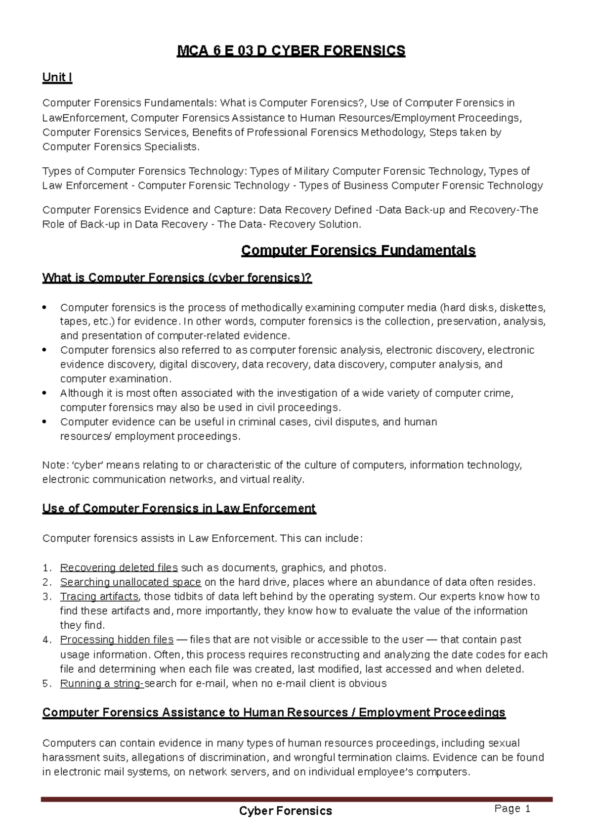 Cyber Forensics Unit1 - Cyber Forensics Page 1 Unit I MCA 6 E 03 D ...