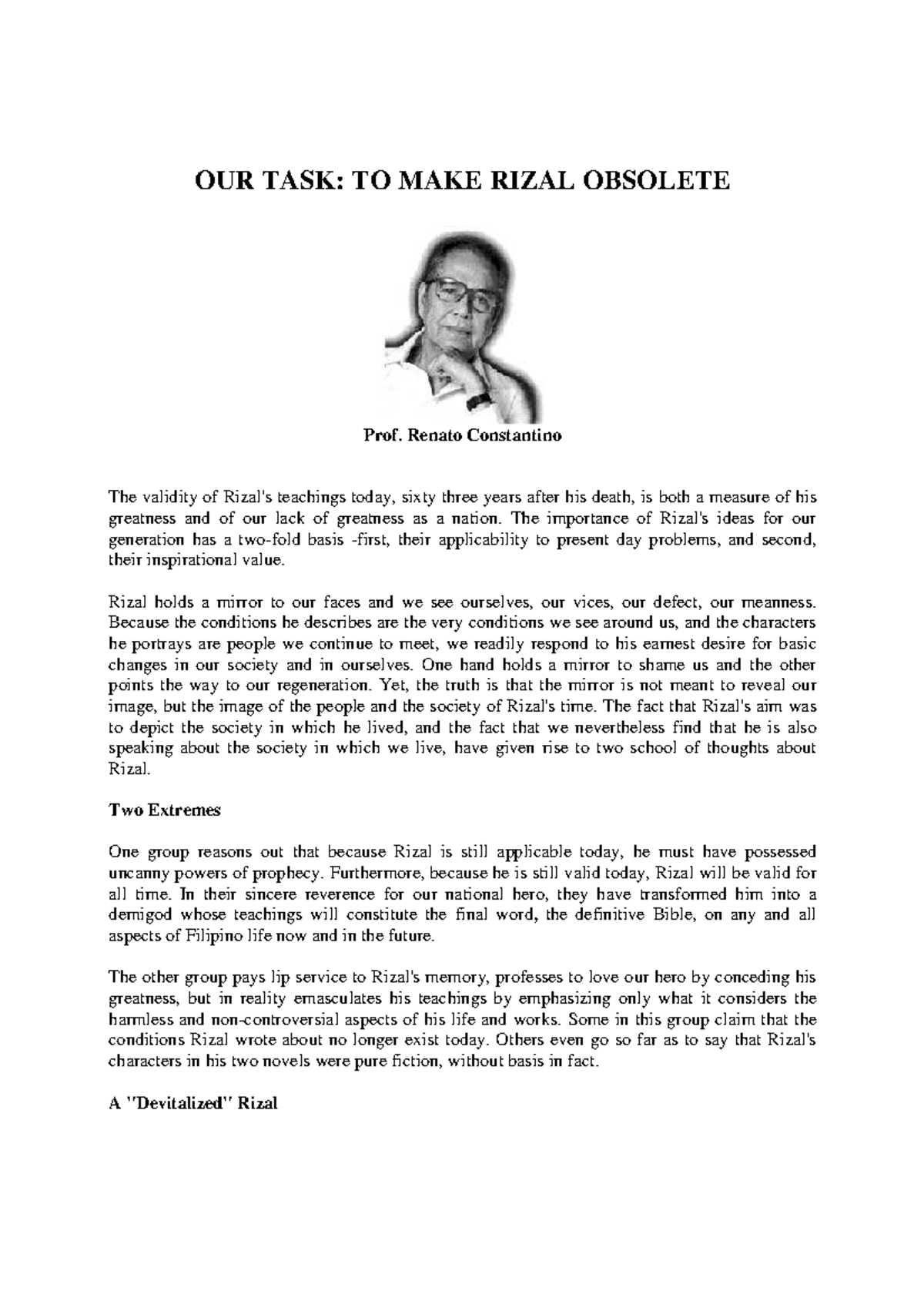 Our Task To Make Rizal Obsolete Renato Constantino - OUR TASK: TO MAKE ...