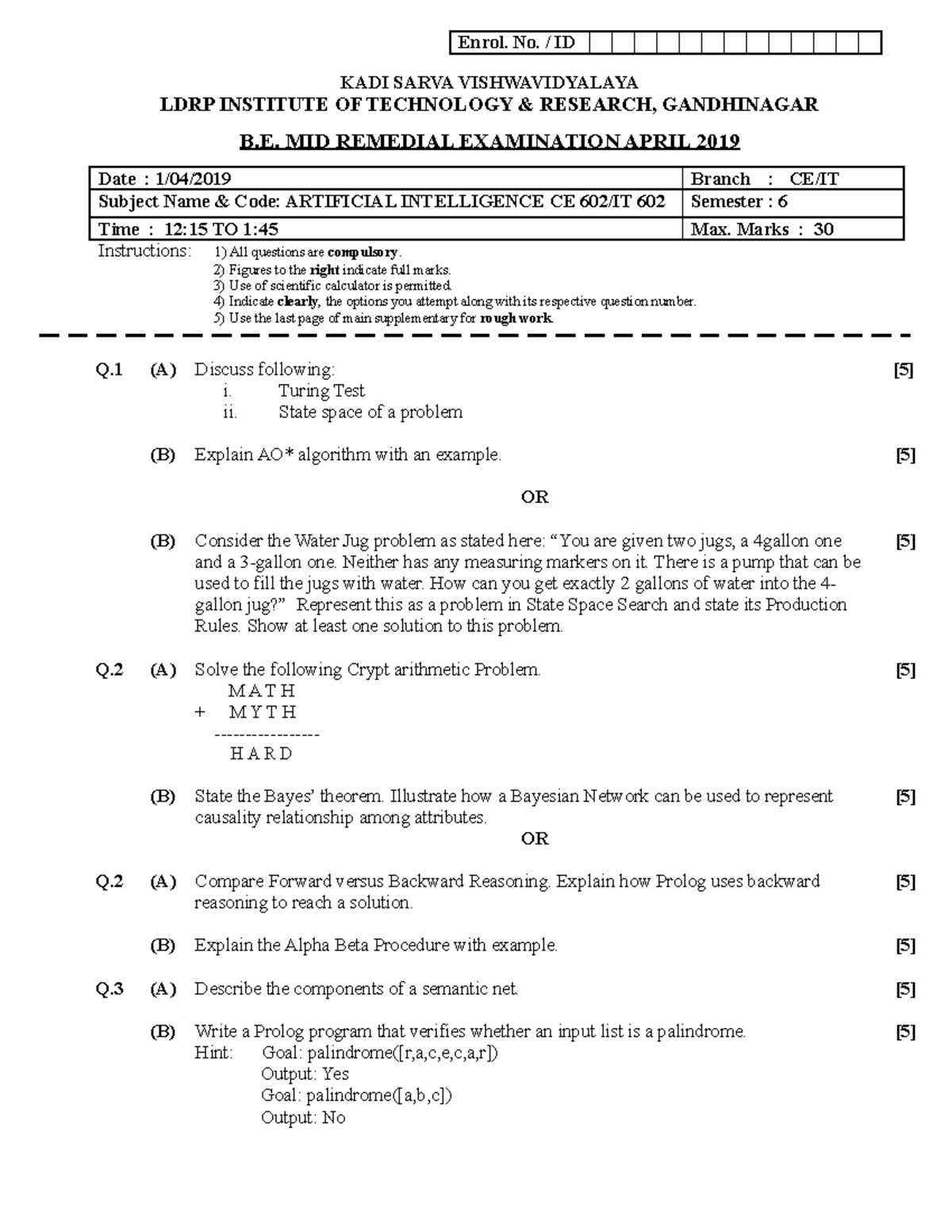AI KSV MID-REM Paper- April 2019 - KADI SARVA VISHWAVIDYALAYA LDRP ...