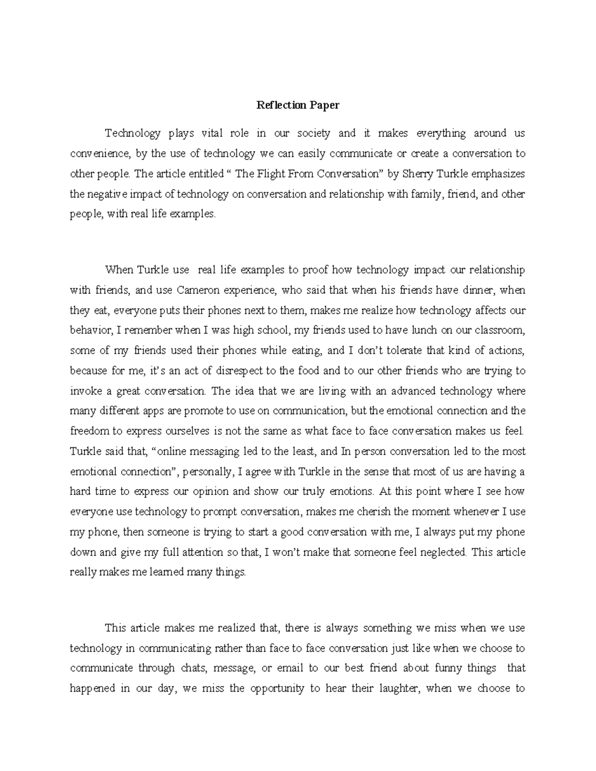 01 - Summary aa - aa - Reflection Paper Technology plays vital role in ...