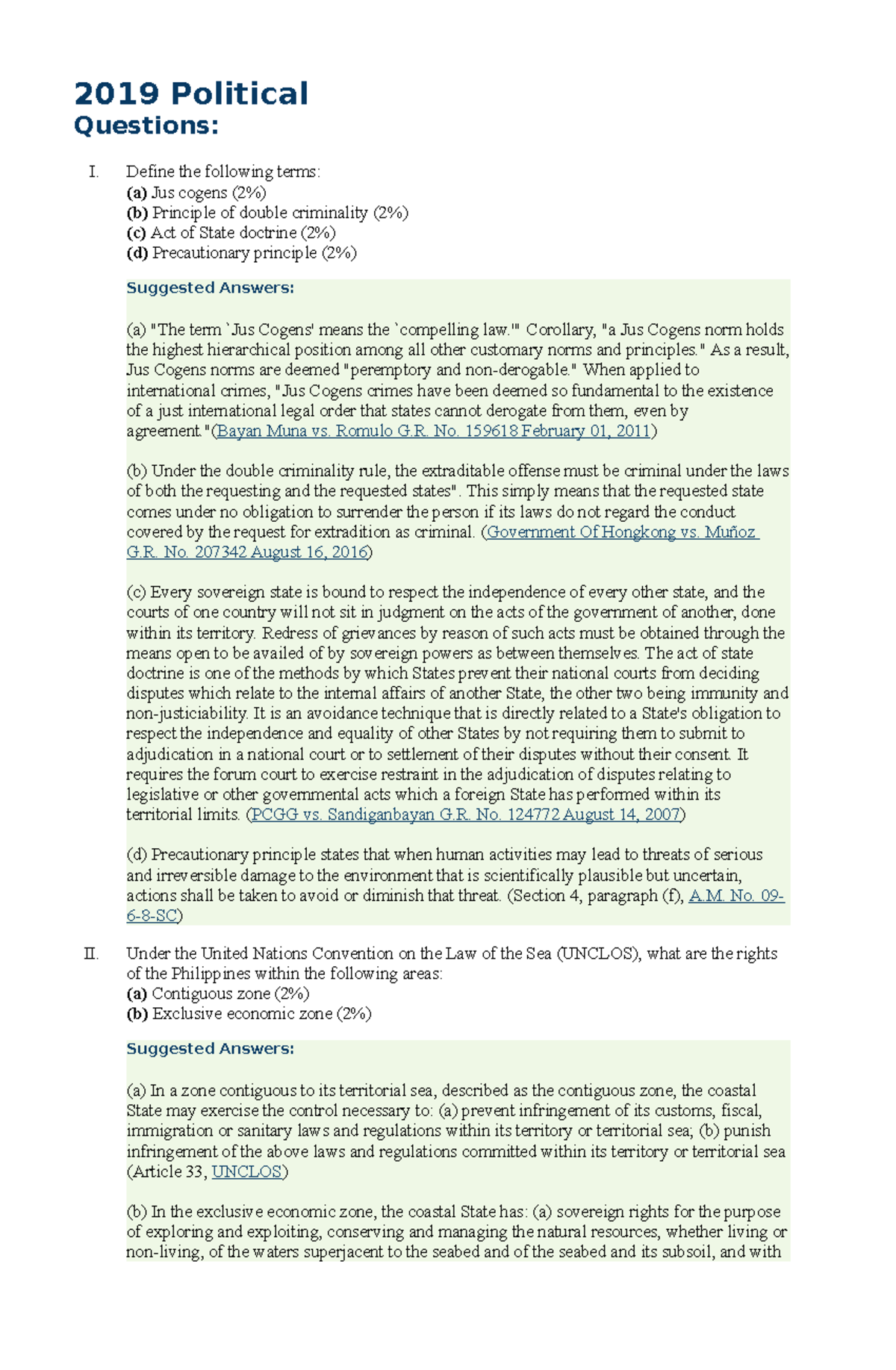 2019 Political law bqa - 2019 Political Questions: I. Define the ...