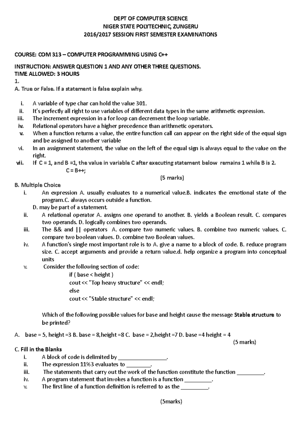 COM 313 EXAM2017 - Exam - DEPT OF COMPUTER SCIENCE NIGER STATE POLYTECHNIC, ZUNGERU 2016/2017 ...