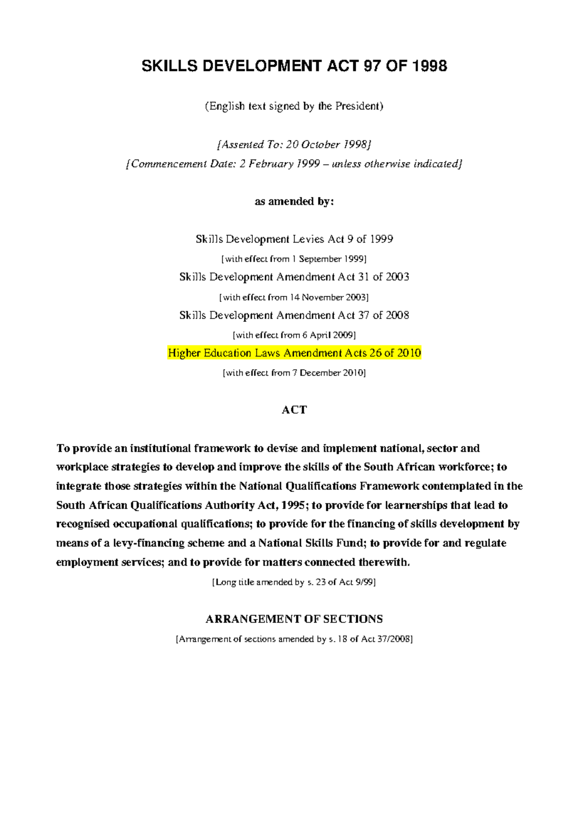 Skills Development Act 97 SKILLS DEVELOPMENT ACT 97 OF 1998 English