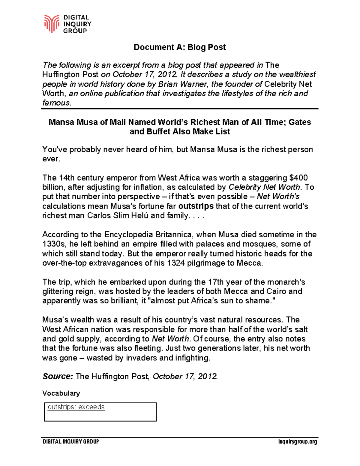Mansa Musa worksheet - Document A: Blog Post The following is an ...