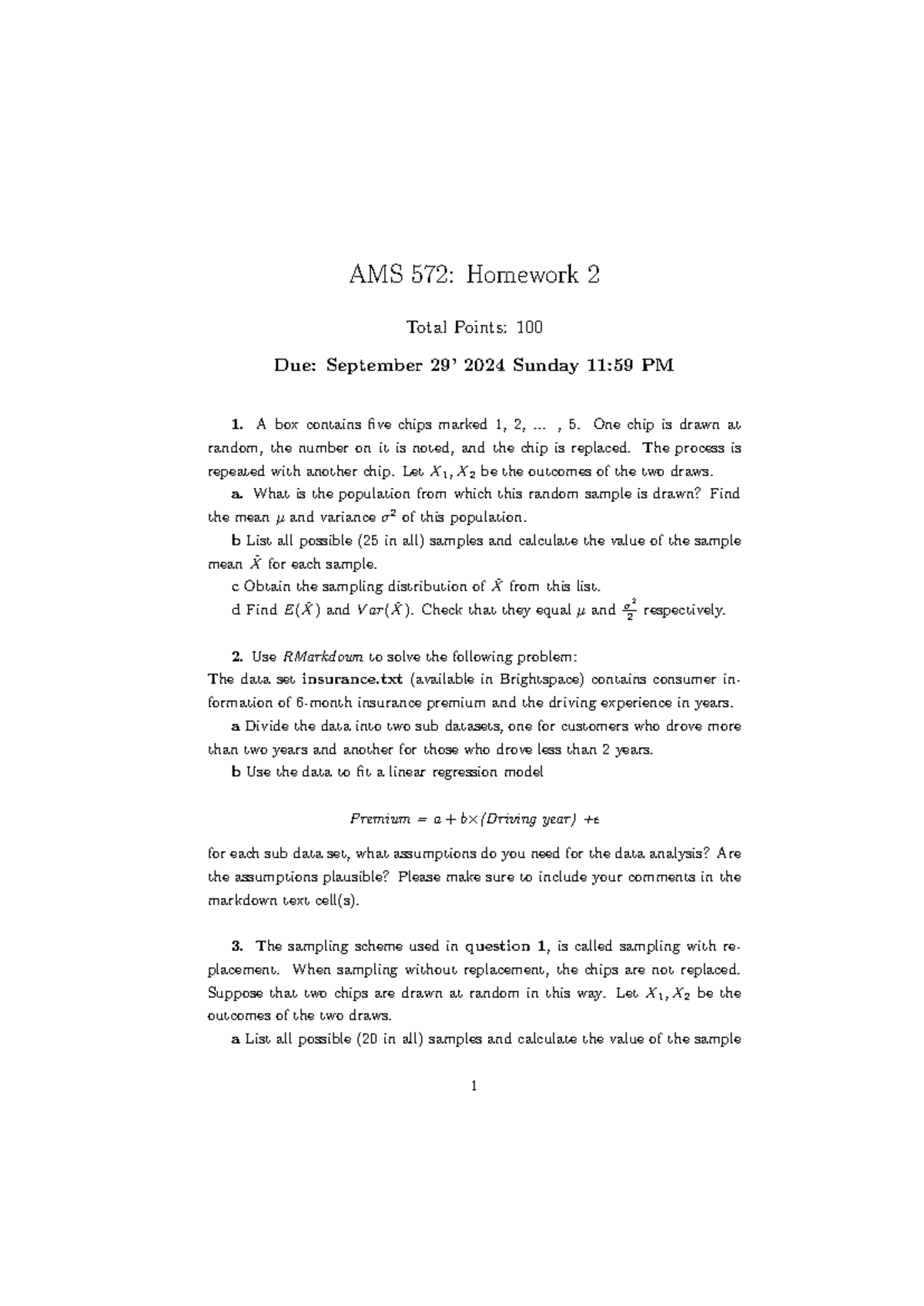 AMS 572 HW 2 Fall 2024 - Homework - AMS 572: Homework 2 Total Points ...