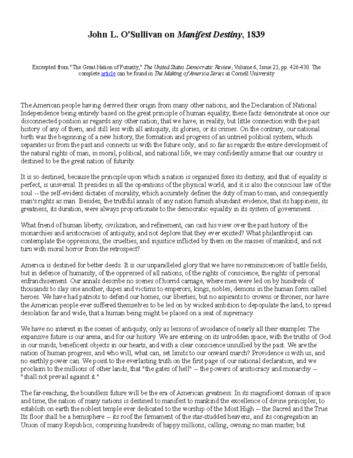 John+L+OSullivan+ - APUSH Assignment - John L. O'Sullivan on Manifest ...