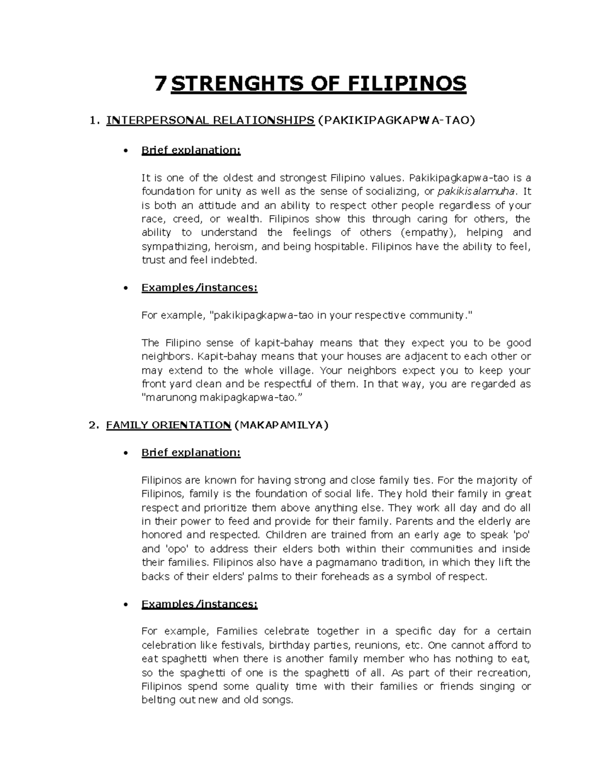 Strenghts OF Filipinos - 7 STRENGHTS OF FILIPINOS 1. INTERPERSONAL ...