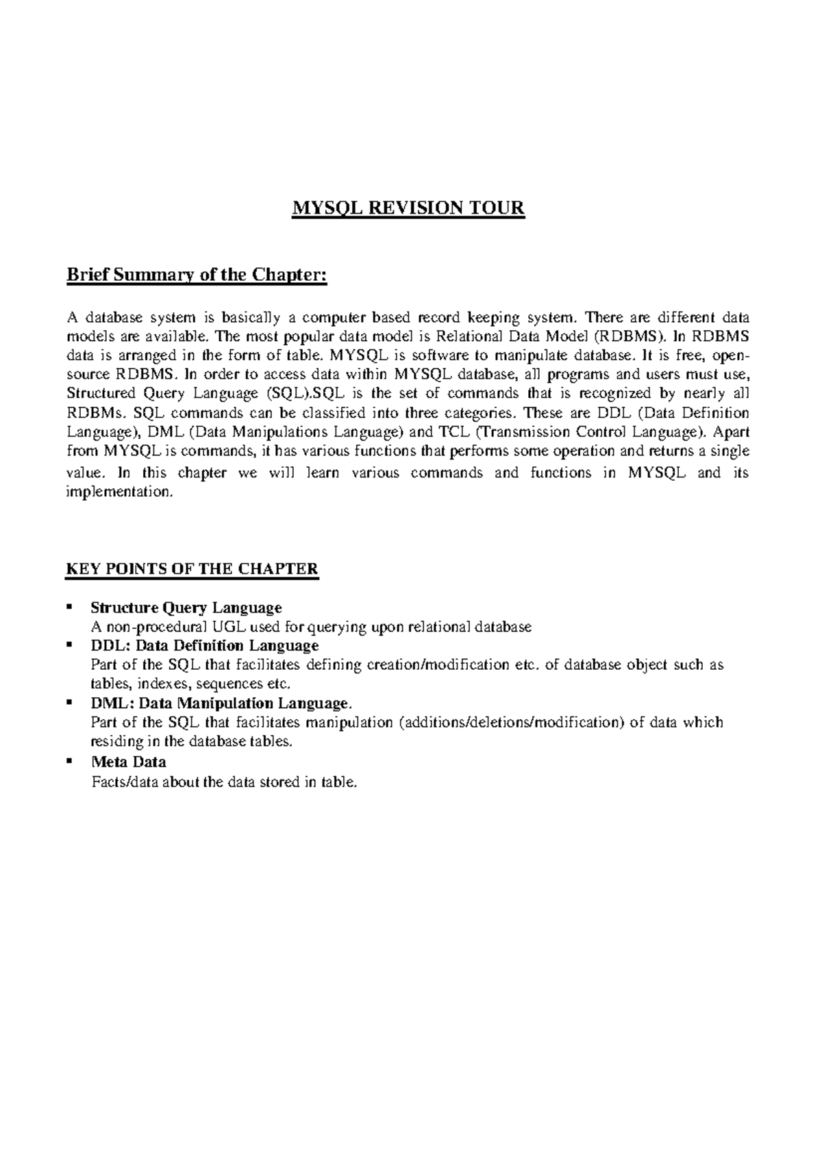 Informatics Practices Mysql Assignment Mysql Revision Tour Brief Summary Of The Chapter A