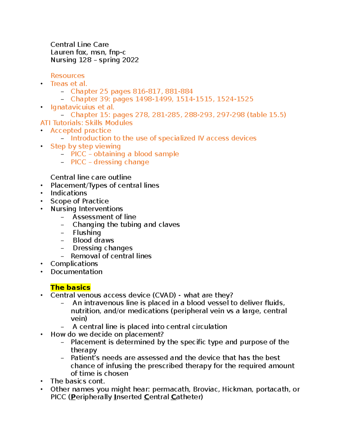 Central Line Care wk3 - Central Line Care Lauren fox, msn, fnp-c ...