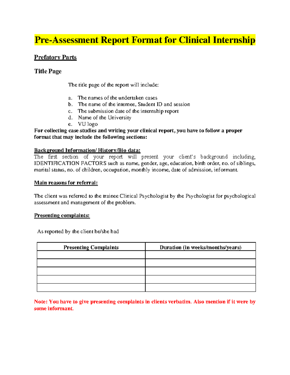 Pre-Assessment Report Format for Clinical Internship - The names of the ...