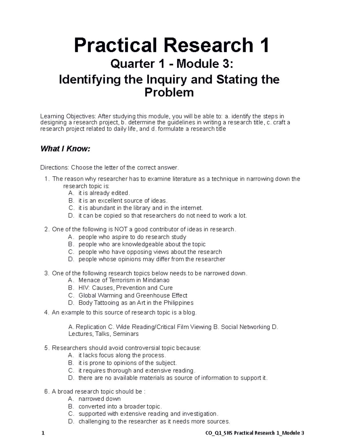 Quarter 4 - Module 1 - LECTURE - Practical Research 1 Quarter 1 ...