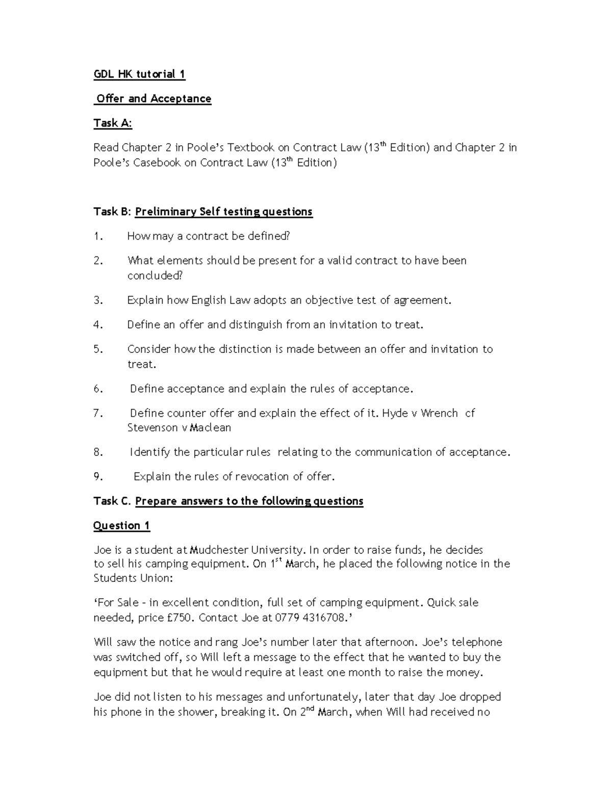 Contract Law Tutorial 1-4 questions 1819 - GDL HK tutorial 1 Offer and ...