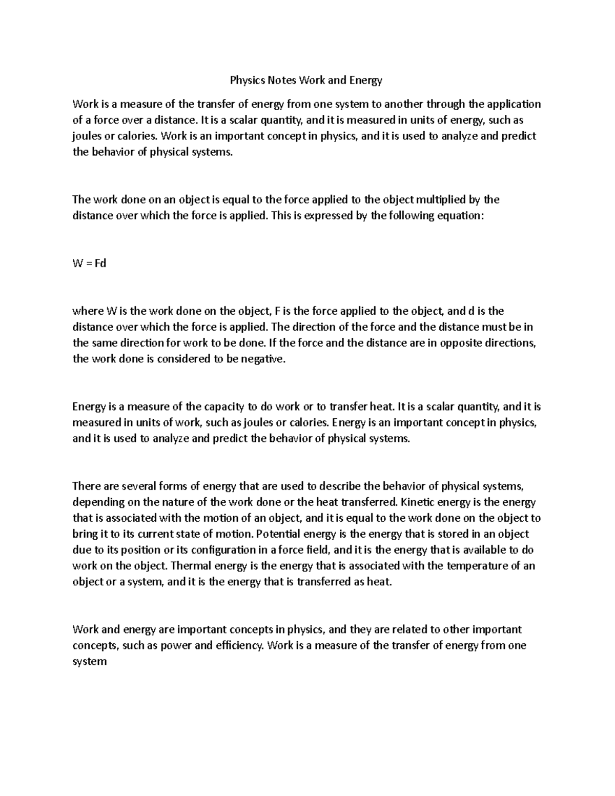 Physics Notes Work and Energy - It is a scalar quantity, and it is ...