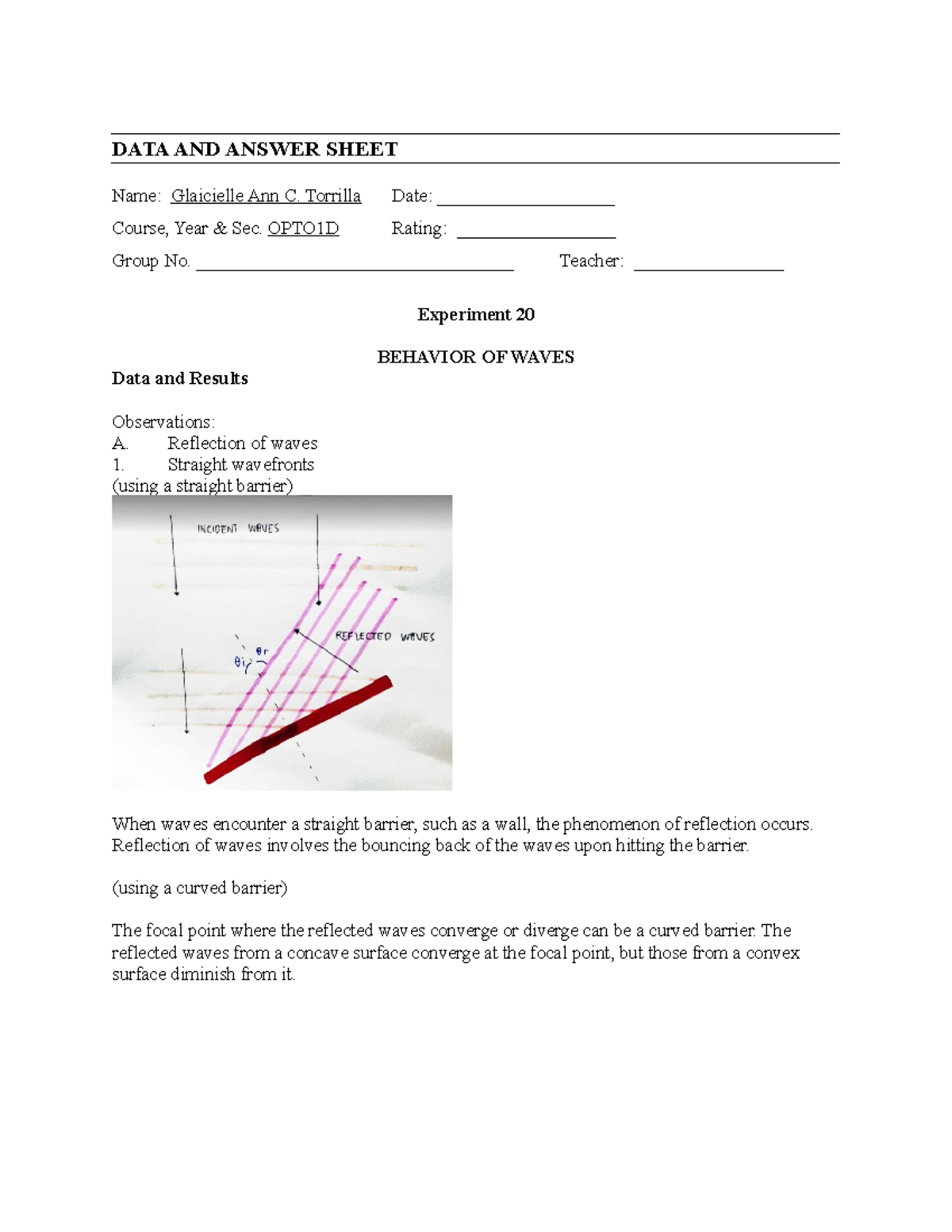 Behavior of waves - final - Torrilla - DATA AND ANSWER SHEET Name ...
