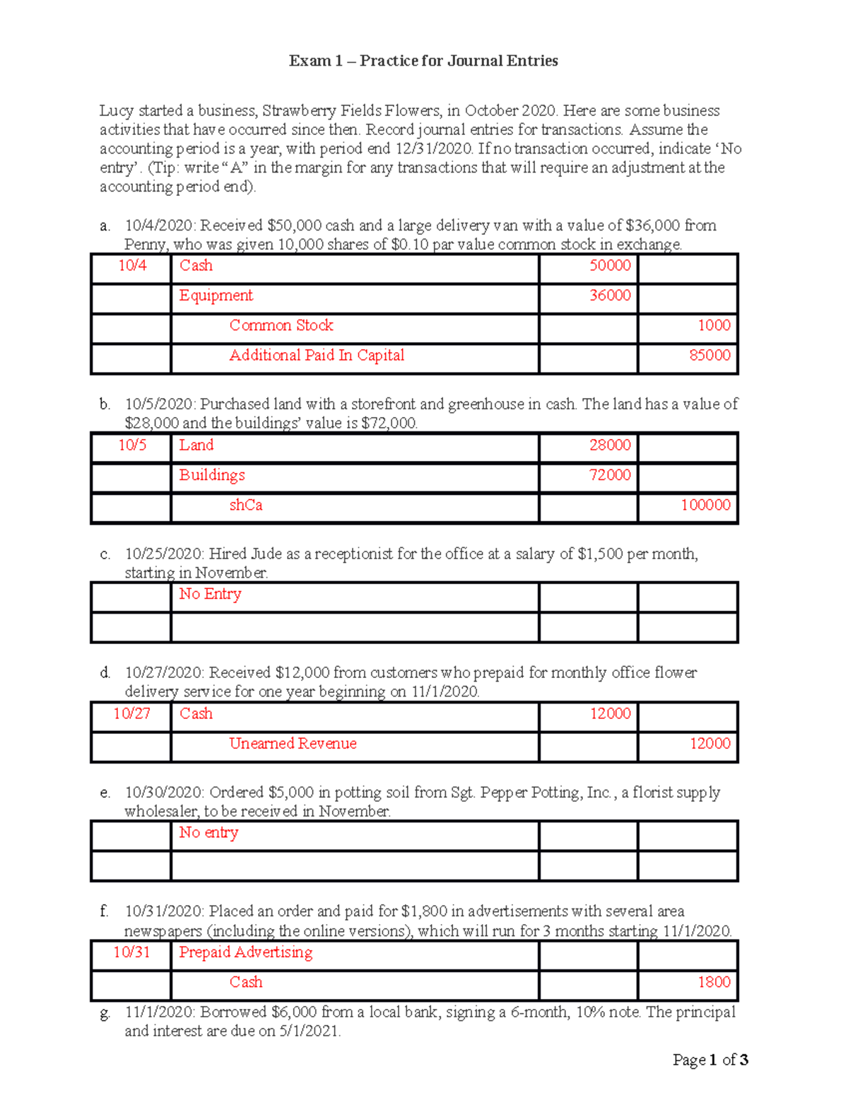 Midterm Exam JE Practice - Exam 1 – Practice for Journal Entries Lucy ...