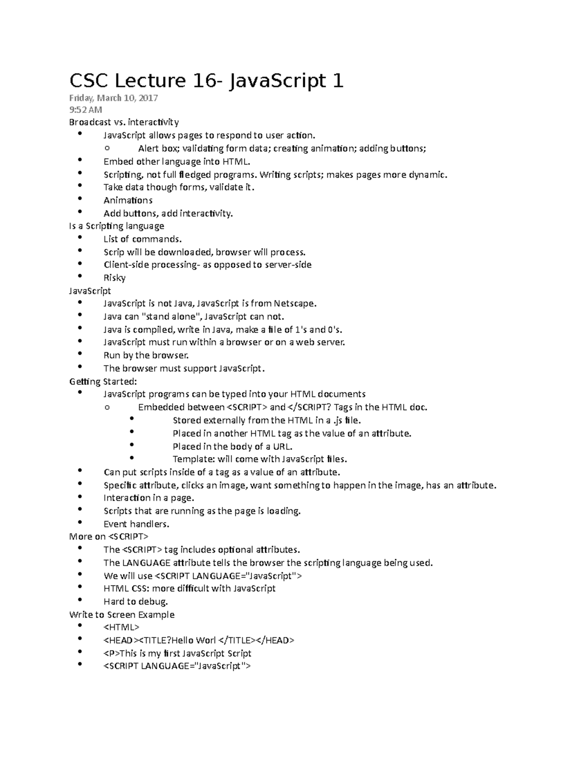 Csc Lecture 16 Richard Little Csc Lecture 16 Javascript 1 Friday