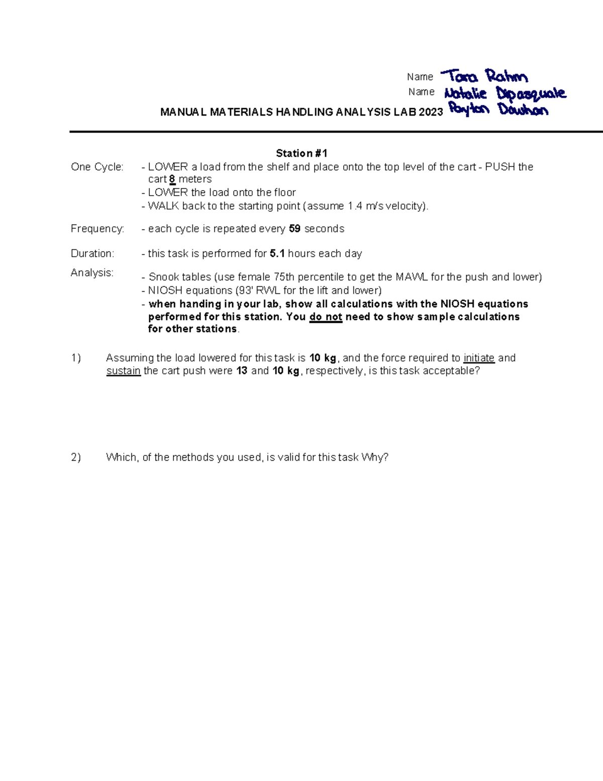 2023 Lifting Lab Handout 3 - Name Name MANUAL MATERIALS HANDLING ANALYSIS LAB 2023 Station One ...