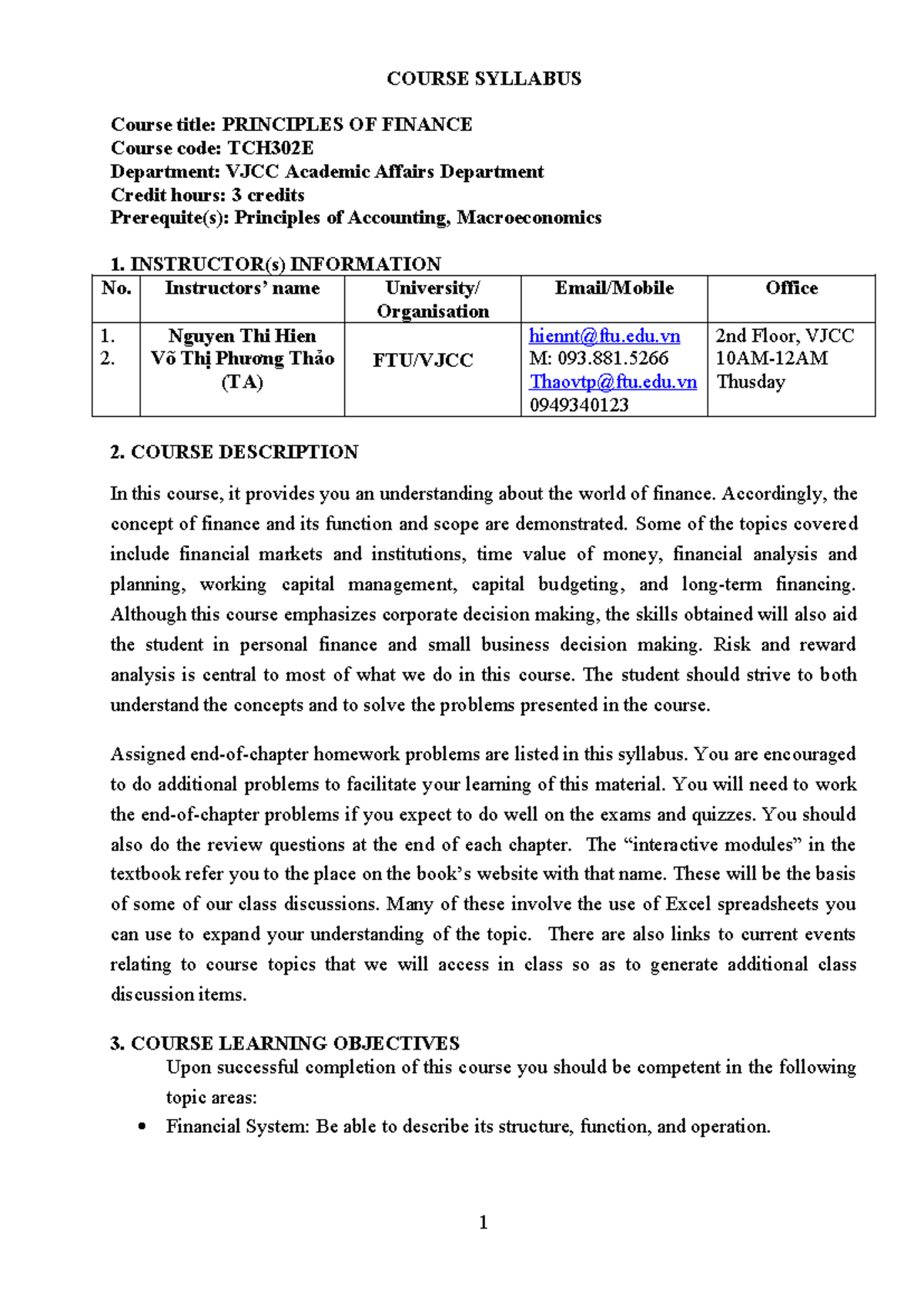 20 Corporate Finance. DB K62 - COURSE SYLLABUS Course title: PRINCIPLES ...