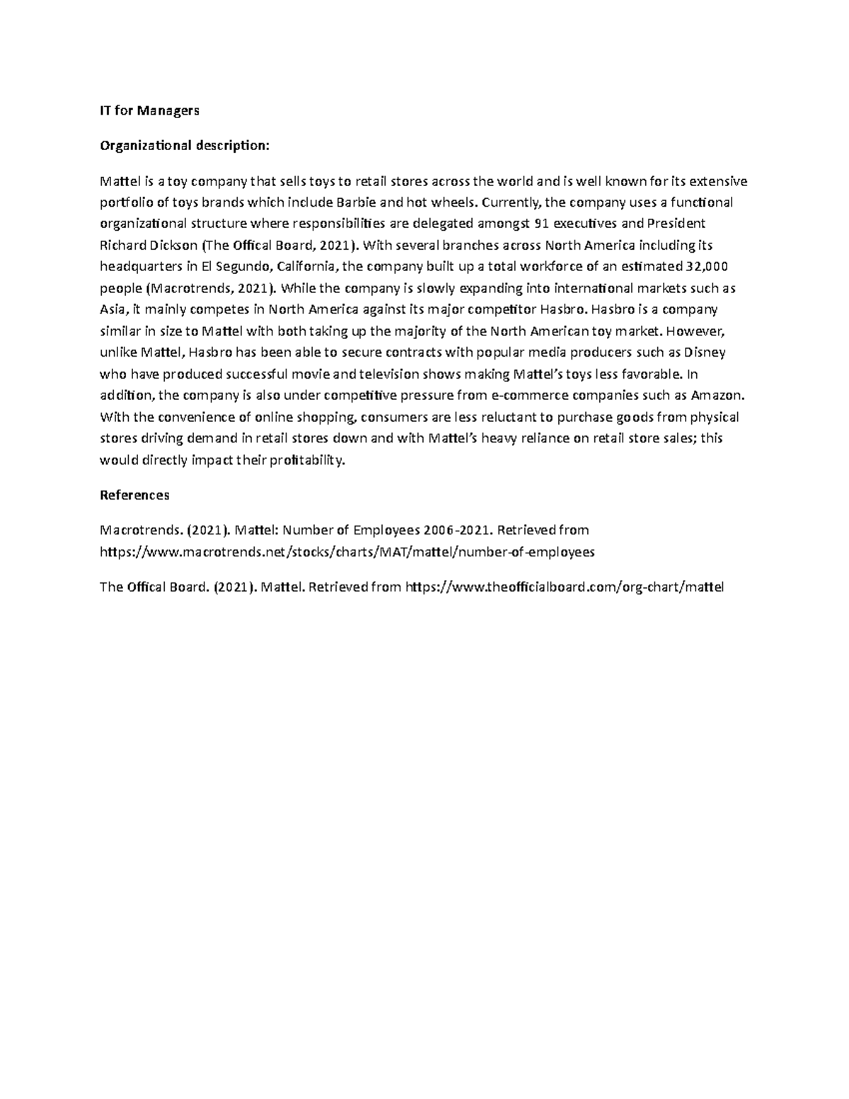 IT for Managers-Mattel - IT for Managers Organizational description ...