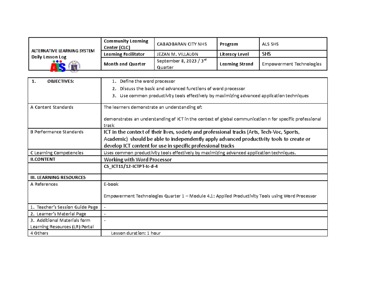 LS6sad asdasdasdasd - ALTERNATIVE LEARNING SYSTEM Daily Lesson Log ...