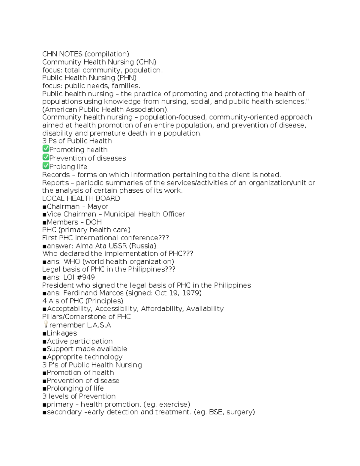 CHN Notes - CHN NOTES (compilation) Community Health Nursing (CHN ...