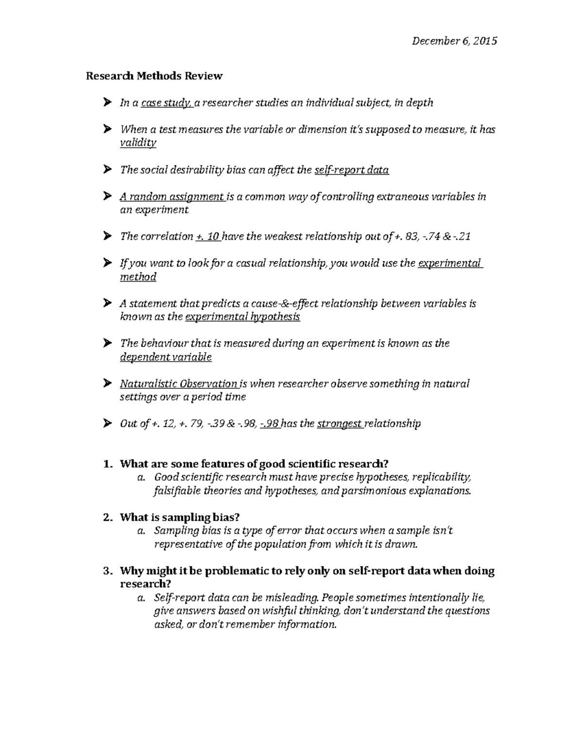 Research Methods Review - December 6, 2015 Research Methods Review In a ...