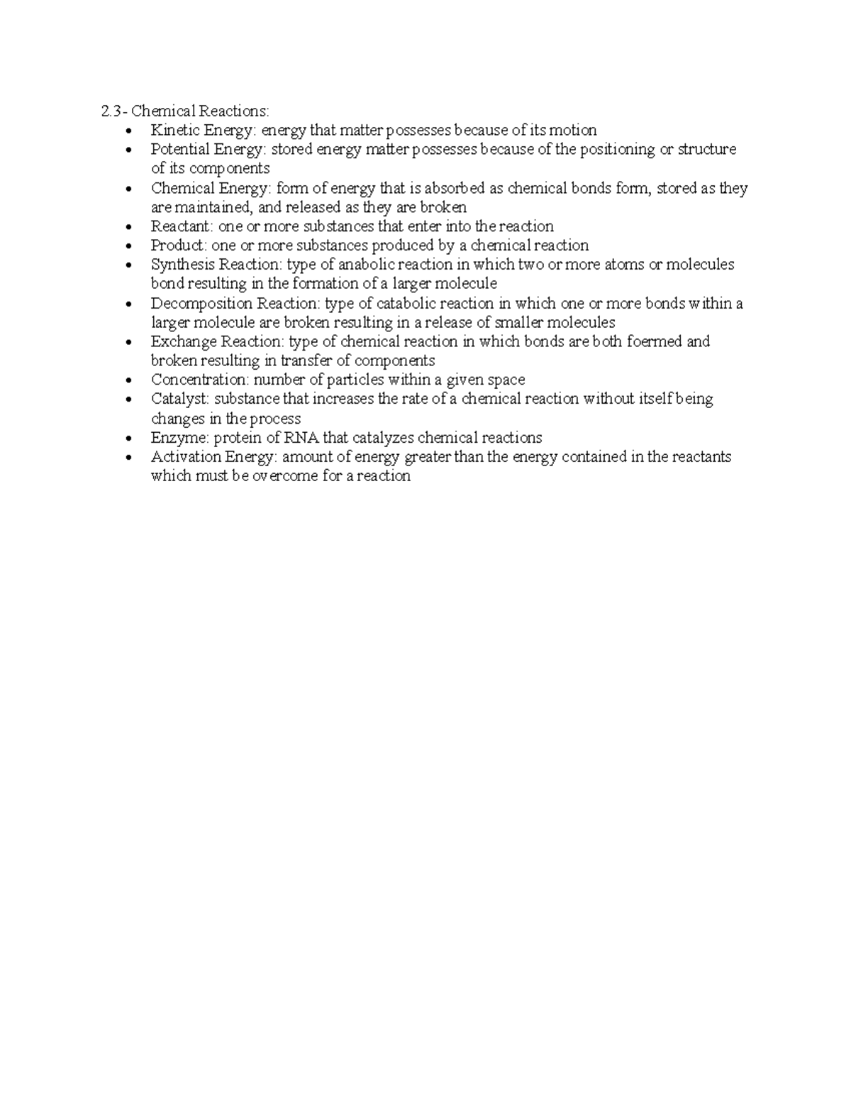 2 - Textbook Notes - 2- Chemical Reactions: • Kinetic Energy: energy ...