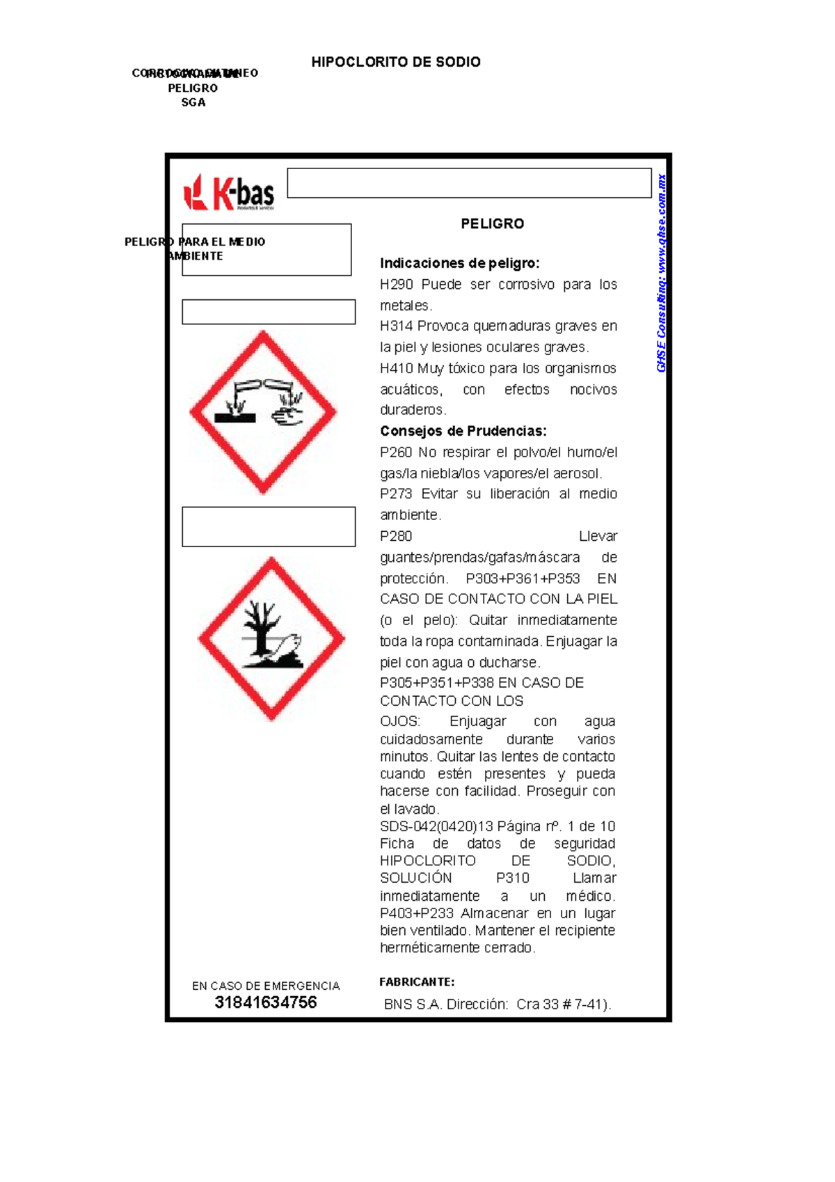 Etiqueta DE Hipoclotiro DE Sodio - PELIGRO Indicaciones de peligro ...