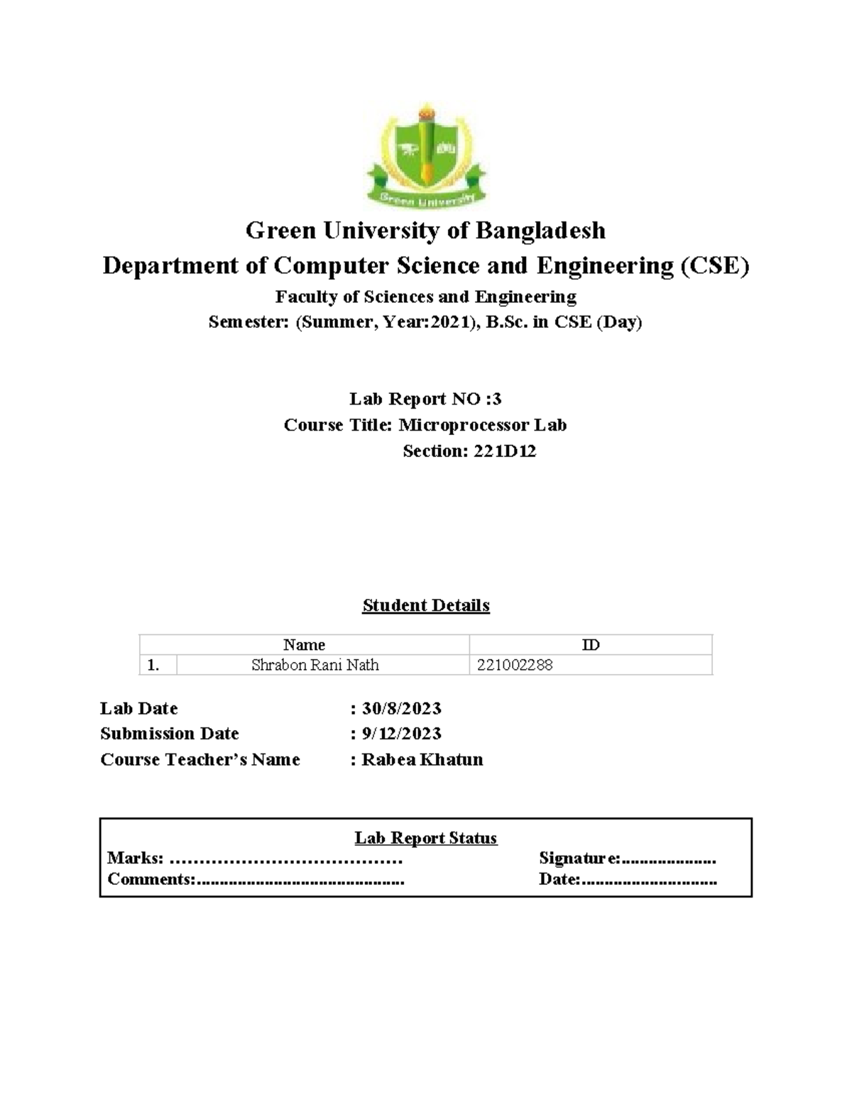 Micro lab 3 - Lab report - Green University of Bangladesh Department of Computer Science and ...