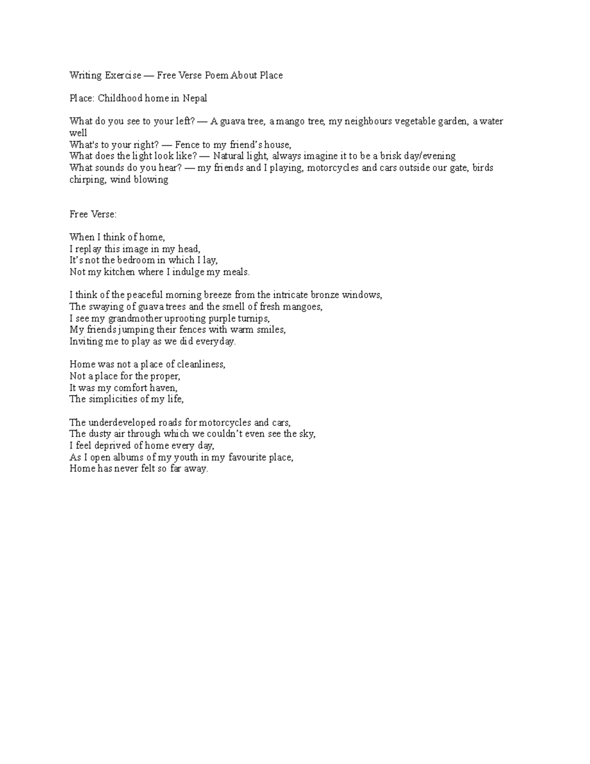 Writing Exercise — Free Verse Poem About Place - I think of the ...