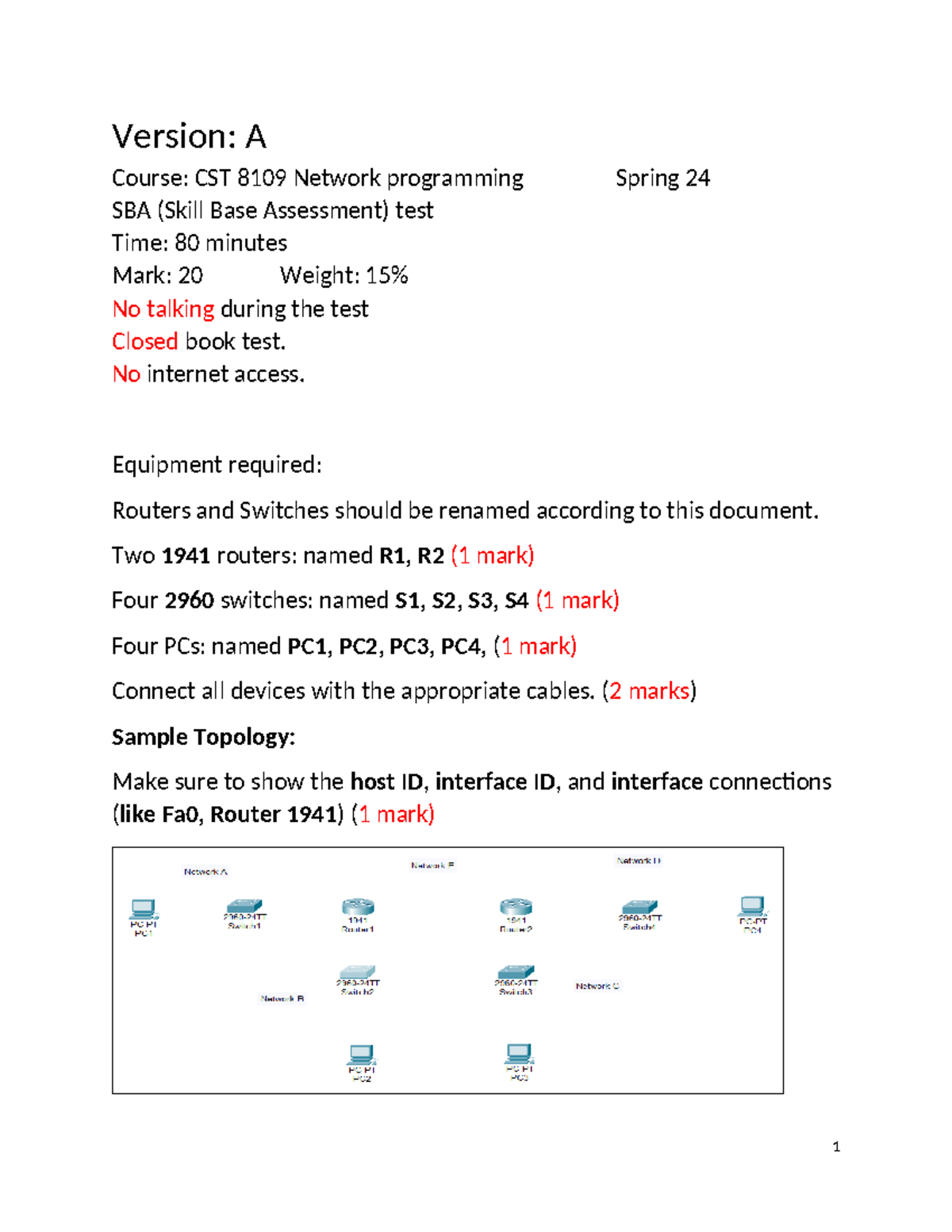 Sba s24 students A - SBA exem - Version: A Course: CST 8109 Network programming Spring 24 SBA ...