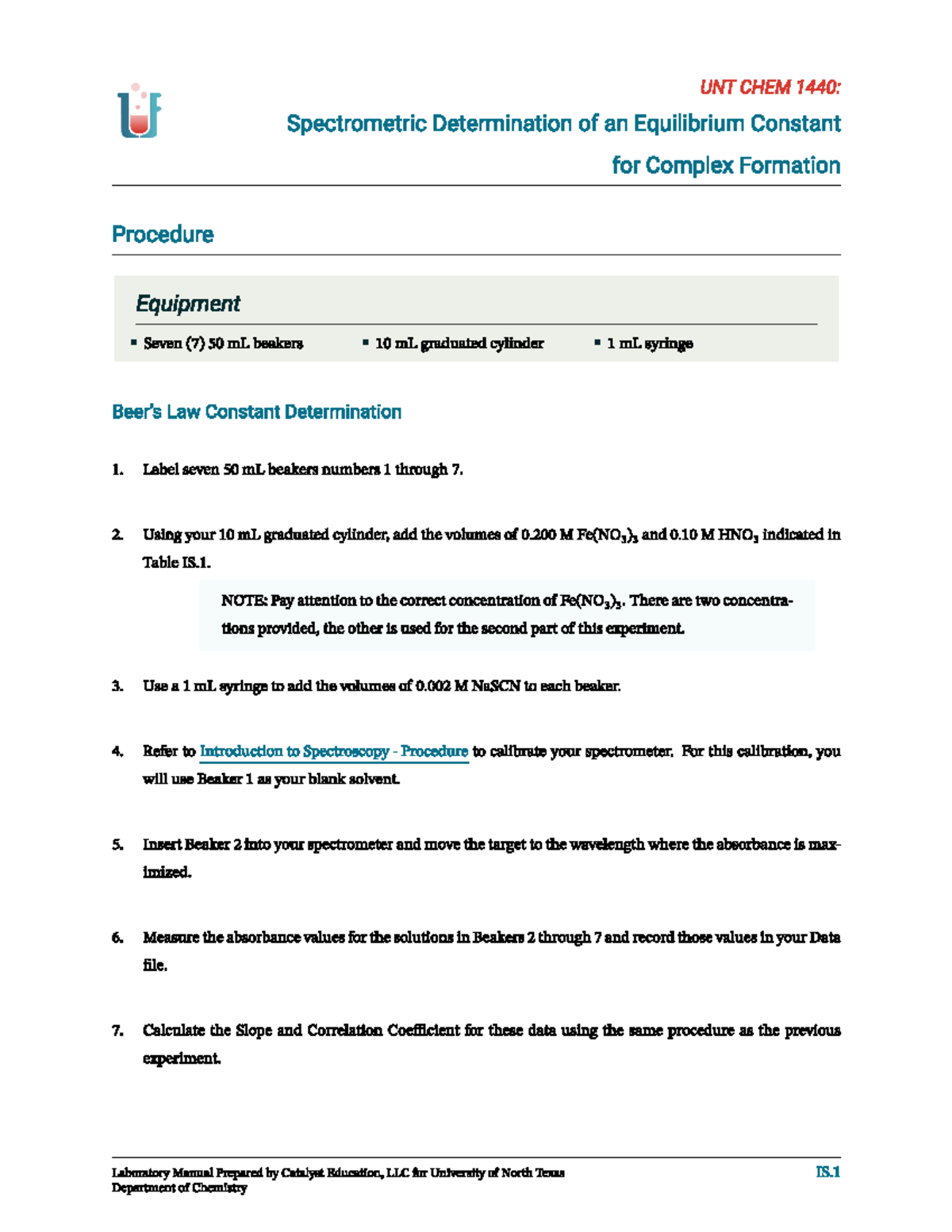 A - Lab iteration - UNT CHEM 1440: Spectrometric Determination of an ...