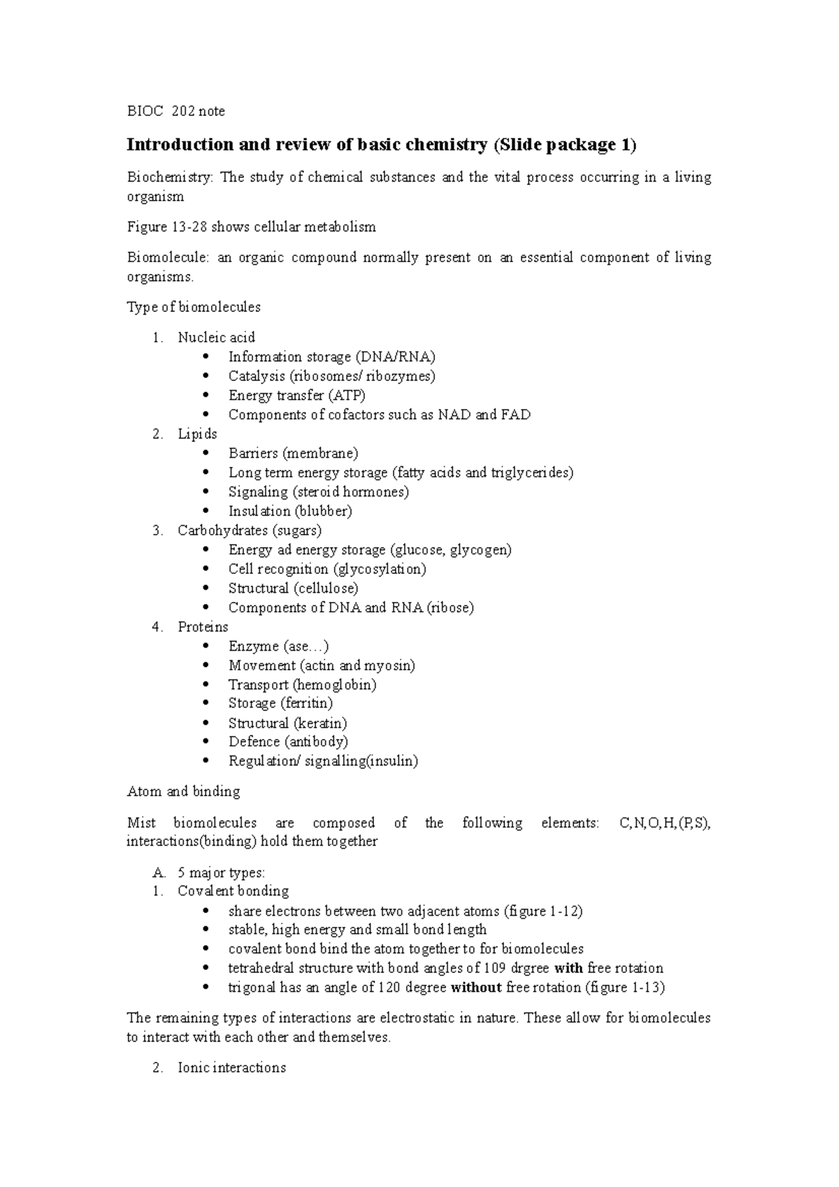 BIOC note chapter1-2 - BIOC 202 note Introduction and review of basic ...