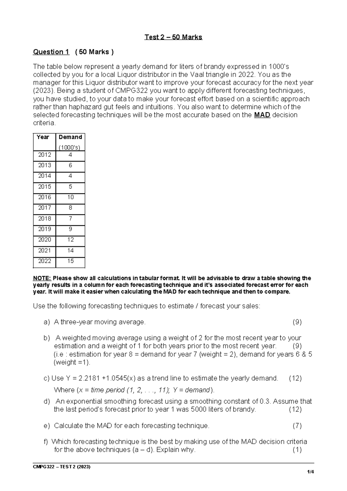 Test 2 memo - 27 August 2023 - Test 2 – 50 Marks Question 1 ( 50 Marks ...