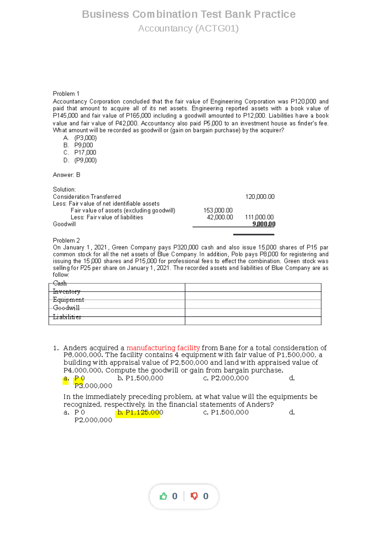 Business combination test bank practice - Business Combination Test ...