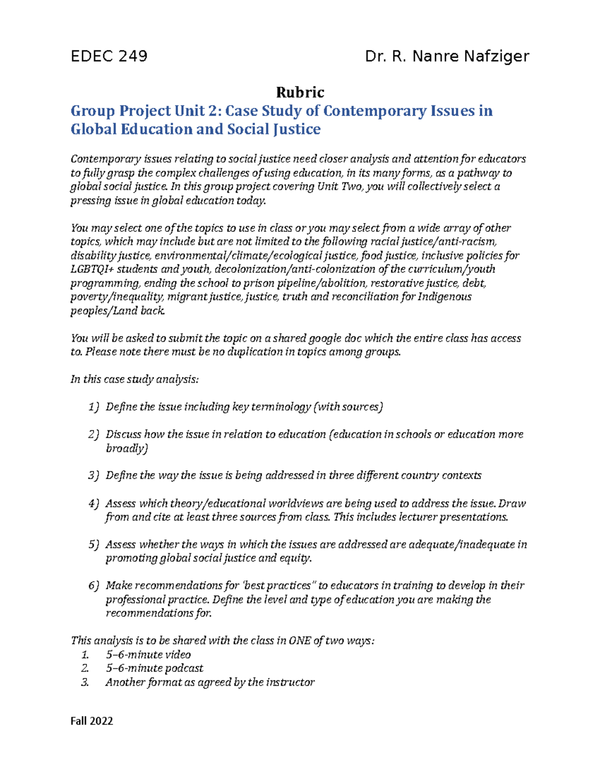 EDEC 249 Group Project Unit 2 Rubric - EDEC 249 Dr. R. Nanre Nafziger ...