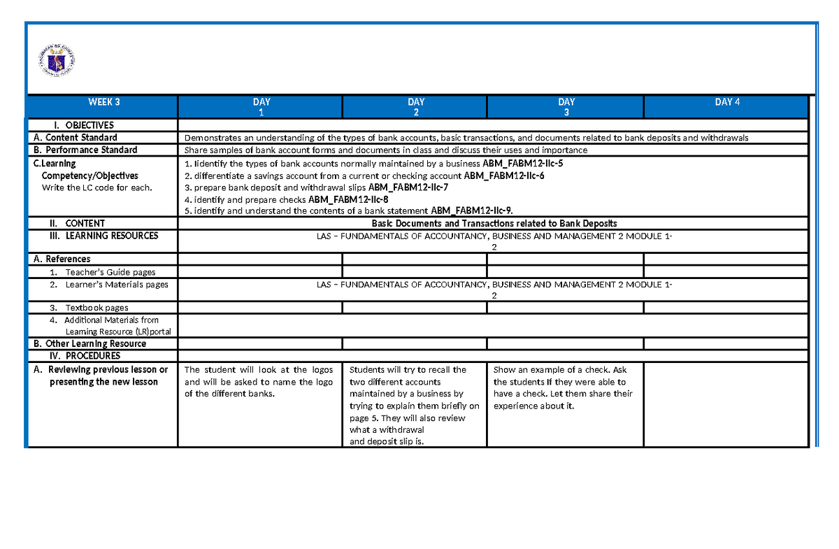 Dll-grade-12-q2-week-3-fabm2 compress - WEEK 3 DAY 1 DAY 2 DAY 3 DAY 4 I. OBJECTIVES A. Content ...