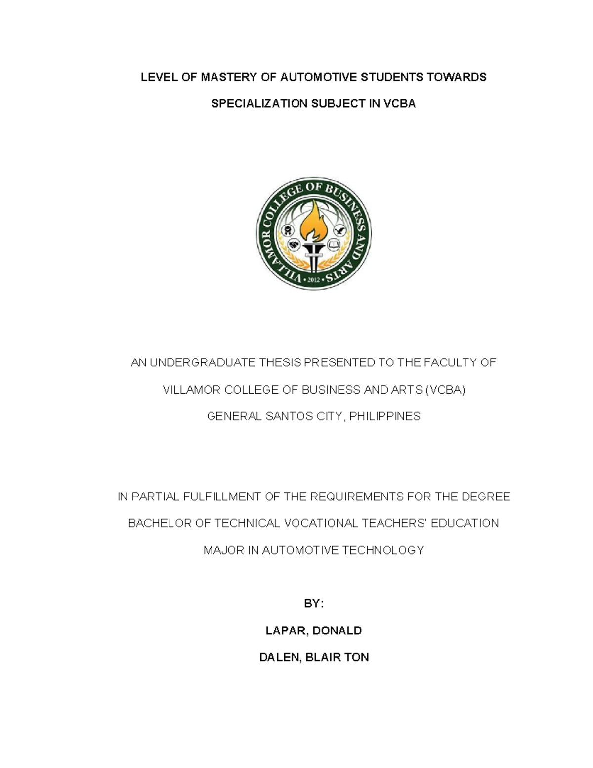 Thesis Blair - LEVEL OF MASTERY OF AUTOMOTIVE STUDENTS TOWARDS ...