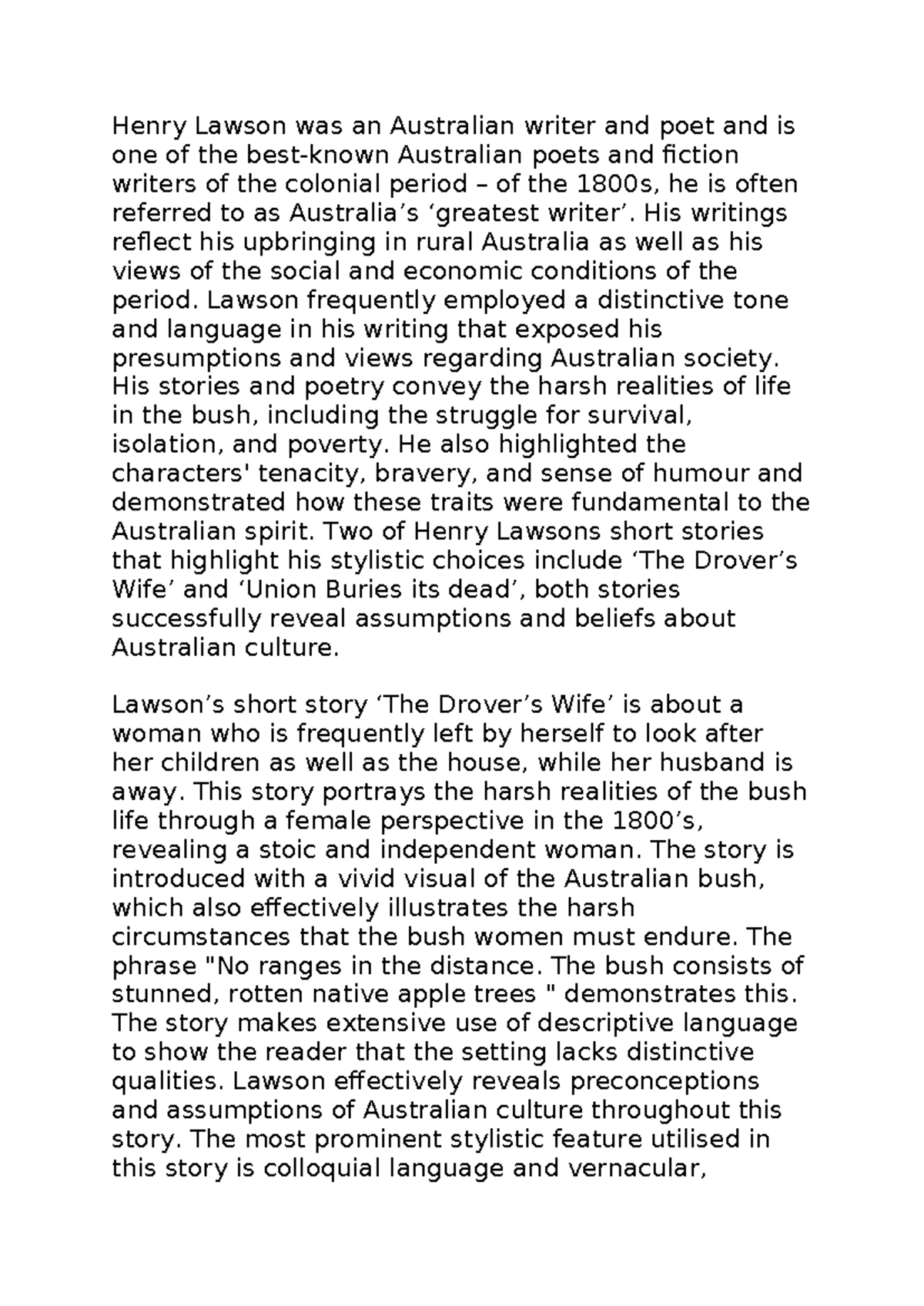 Henry Lawson Essay - Henry Lawson was an Australian writer and poet and ...