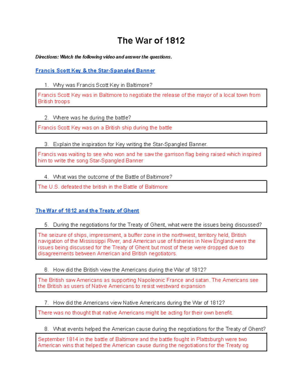 War of 1812 - questions of Treaty of Ghent and the Star-spangled Banner ...