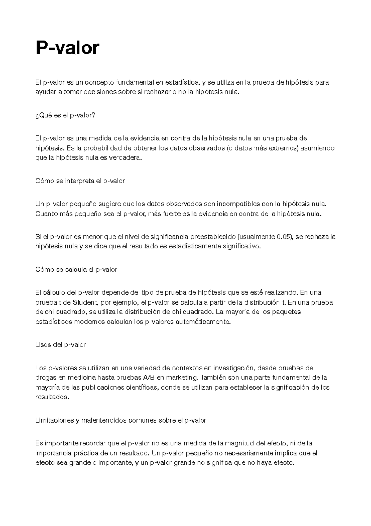 P-valor - Apuntes sobre el p-valor - P-valor El p-valor es un concepto ...