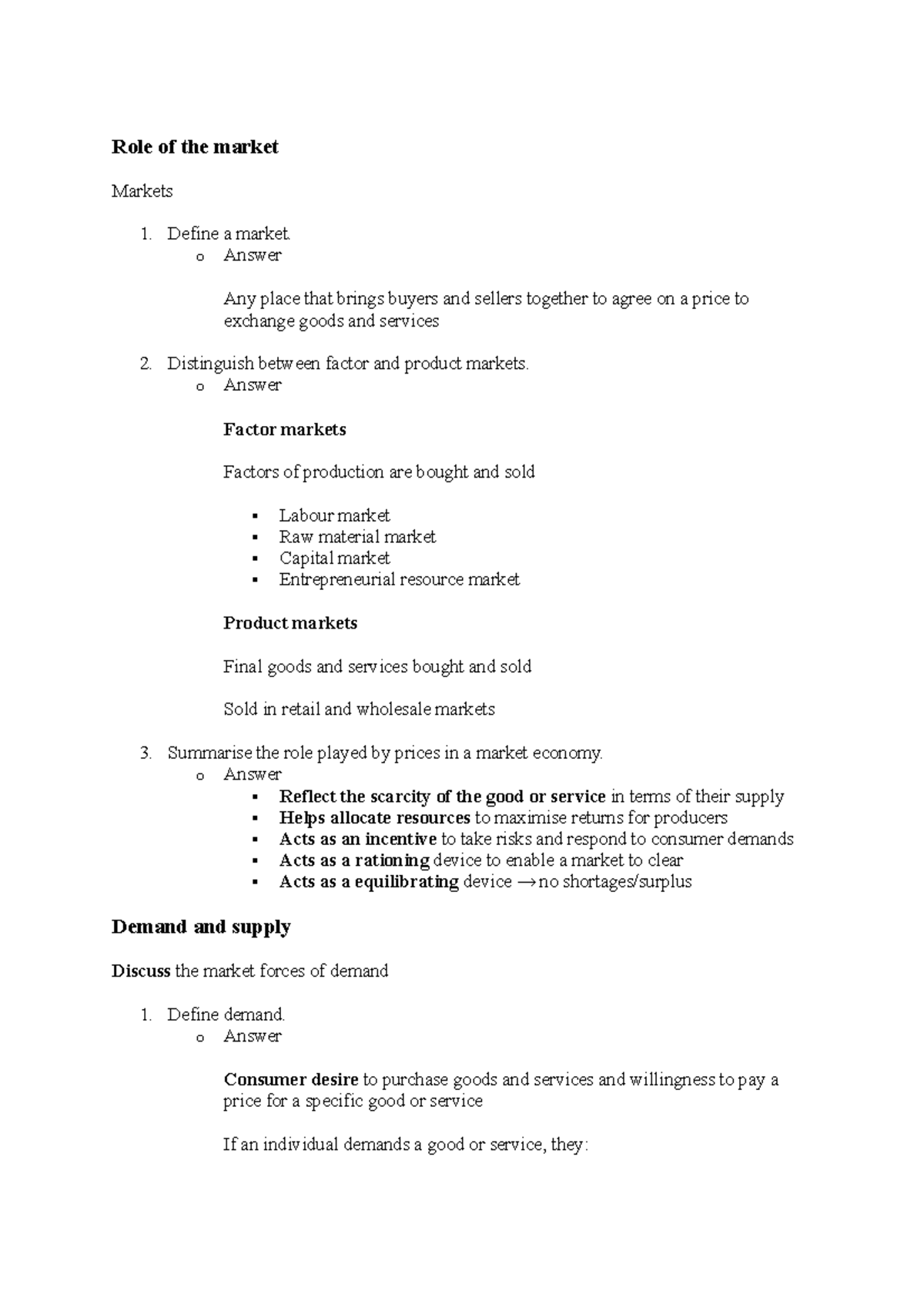 Markets Complete Notes - Role of the market Markets 1. Define a market ...