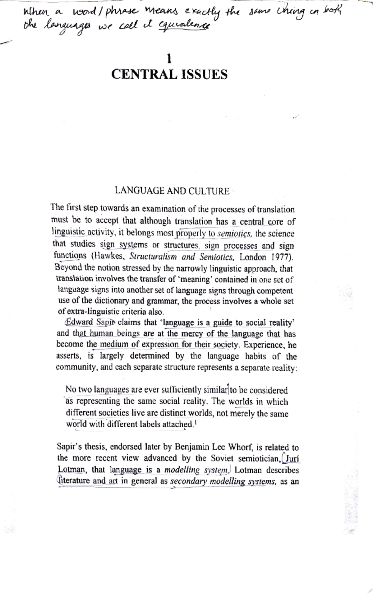 Central issues - Part of translation studies - lhen a 9ord phase means ...