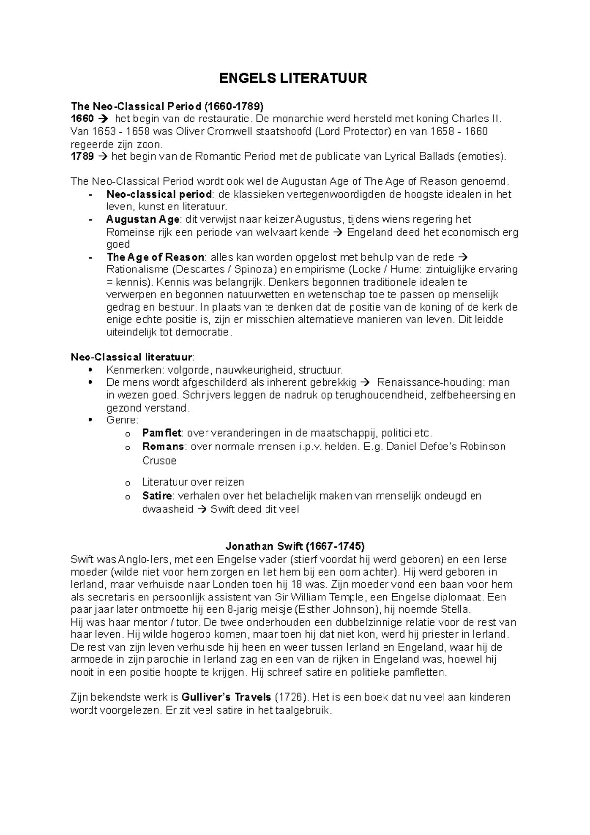 Engels Literatuur V6 - ENGELS LITERATUUR The Neo-Classical Period (1660 ...