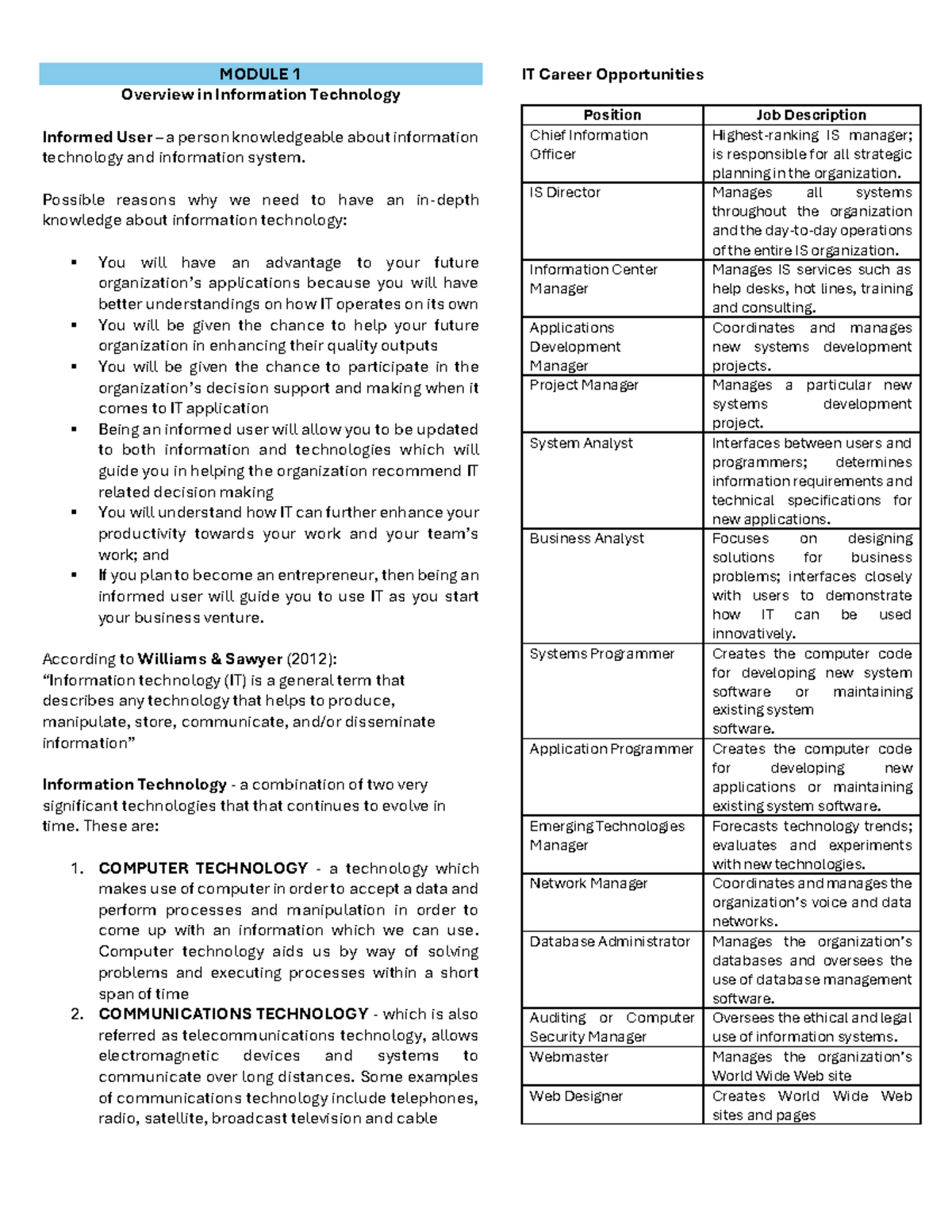 IT Handouts Mod 1-9 - none - MODULE 1 Overview in Information ...