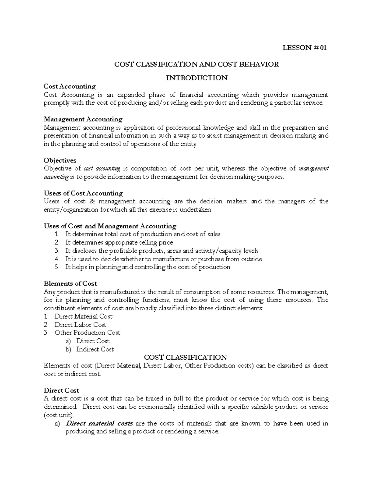 Lecture 01 - Cost and management Accounting - LESSON # 01 COST ...