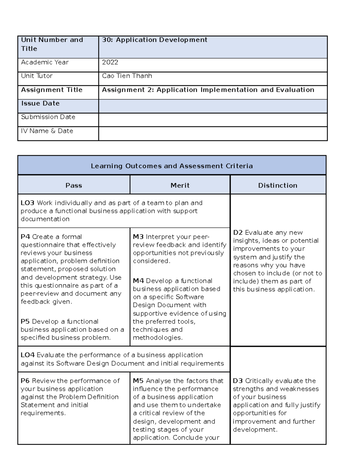 Unit 30 Assignment 2 Brief - Unit Number and Title 30: Application ...