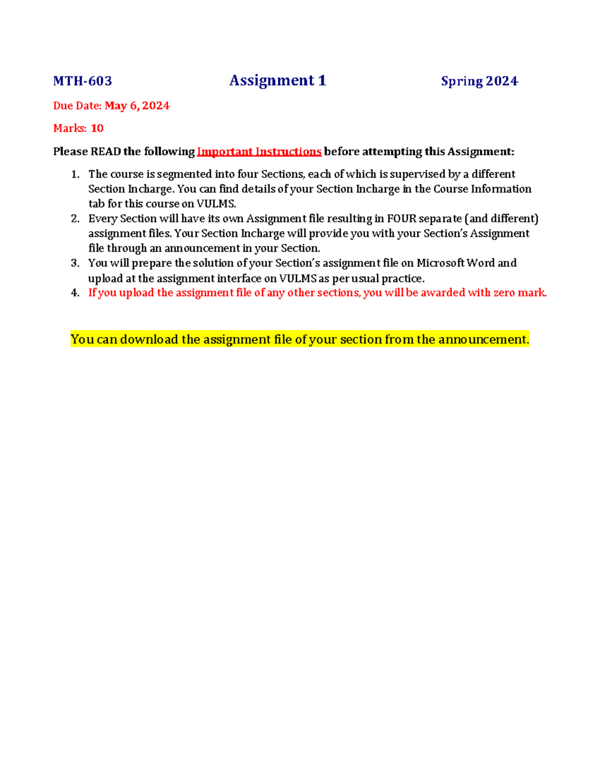 Spring 2024 MTH603 1 - MTH- 603 Assignment 1 Spring 2024 Due Date: May 6 , 2024 Marks: 10 Please ...