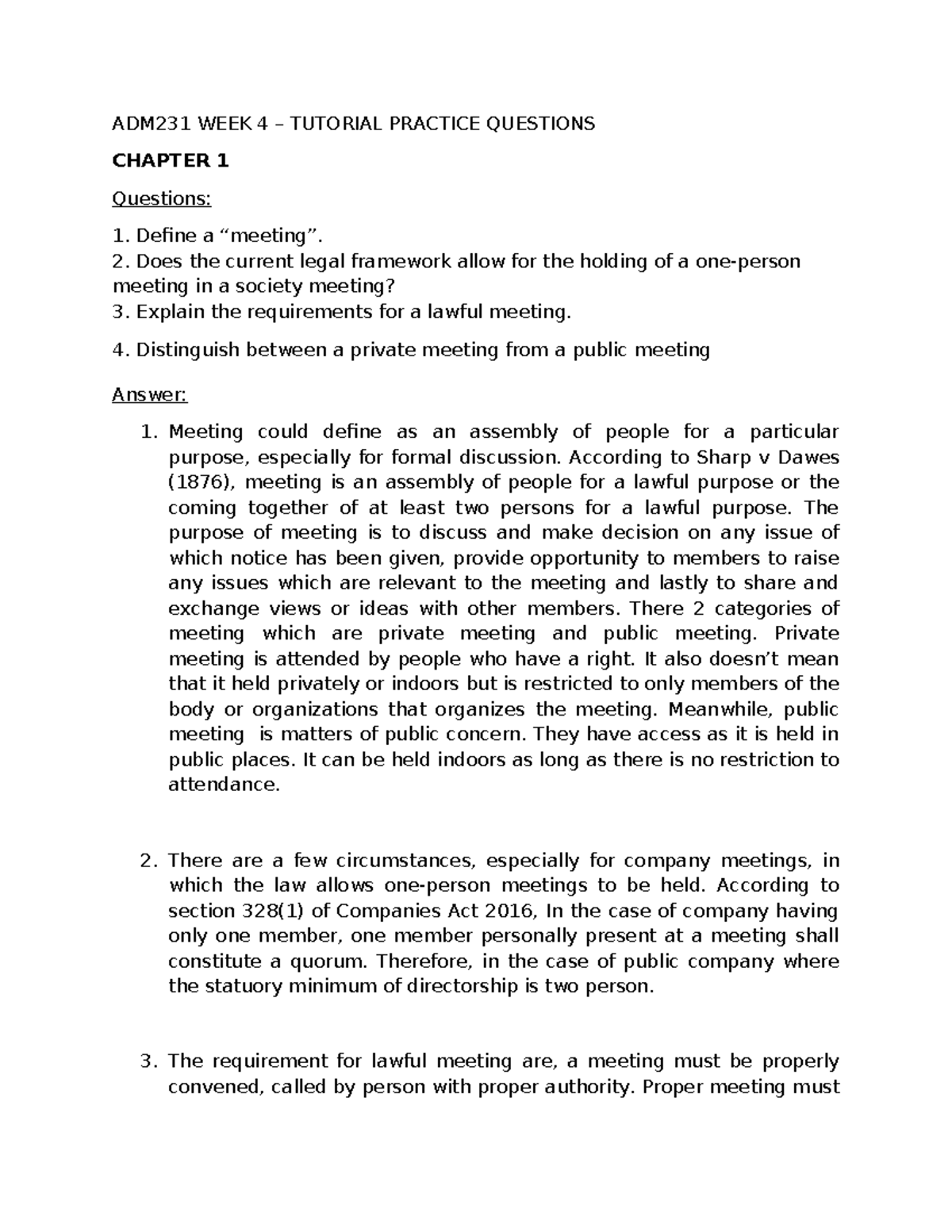 ADM231 tuto - ADM231 WEEK 4 – TUTORIAL PRACTICE QUESTIONS CHAPTER 1 Questions: Define a “meeting ...